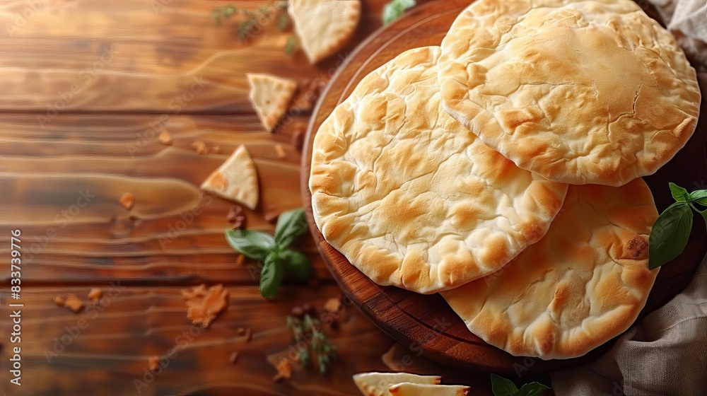 Pita bread puffing background, copy space for text flat design top view ...