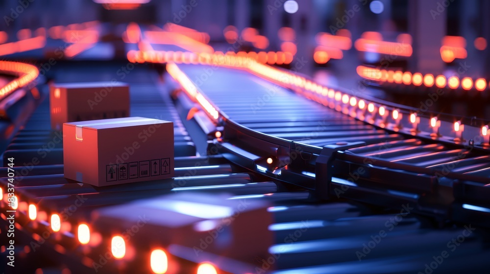 Sci-fi tone warehouse with close-up of shipping boxes on a conveyor ...