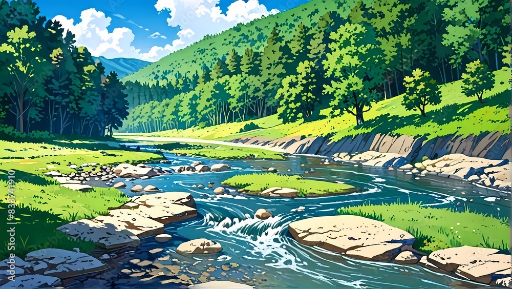 Winding river valley, river flowing stream, rocks, countryside forest ...