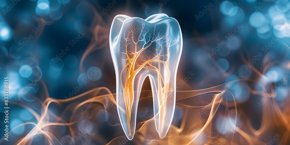 Tooth anatomy with pulp vessels and nerves against abstract backdrop ...