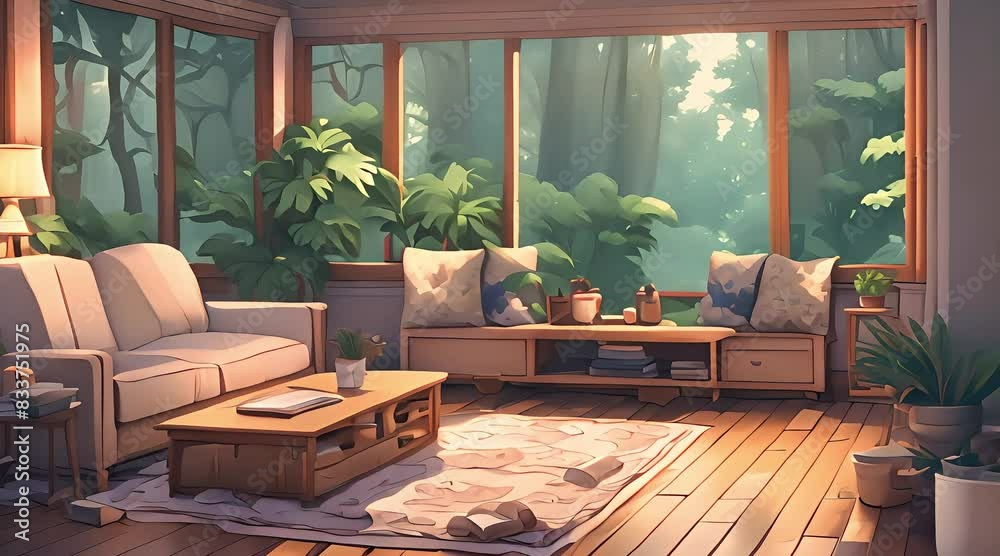 Cozy living room rainy atmospheric forest lo-fi, zoom background screen ...