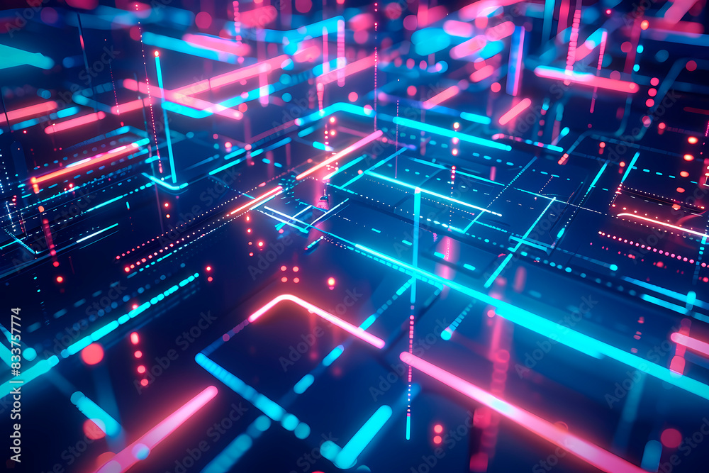 This illustration features colorful neon lights forming network ...