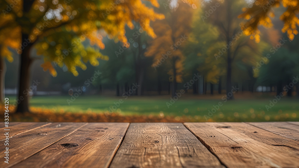 Empty wooden surface on blurred seasonal autumn background. Nature with ...