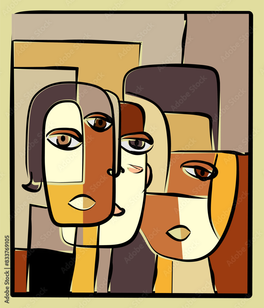 Abstract shapes come together to form faces with Bold lines outline ...