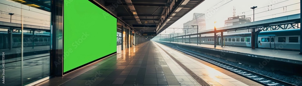 Railway Station Ad Mockup Focus on a railway station ad with a green ...