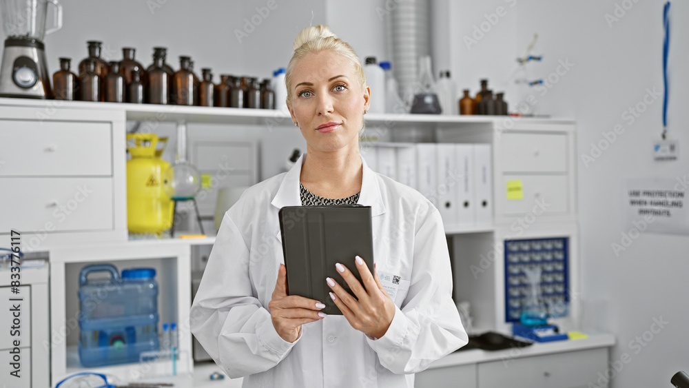 Beautiful blonde scientist, young and diligent, laughing while ...