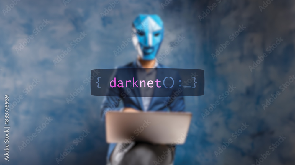 Cybersecurity concept darknet on foreground screen, hacker silhouette hidden with low poly style ...
