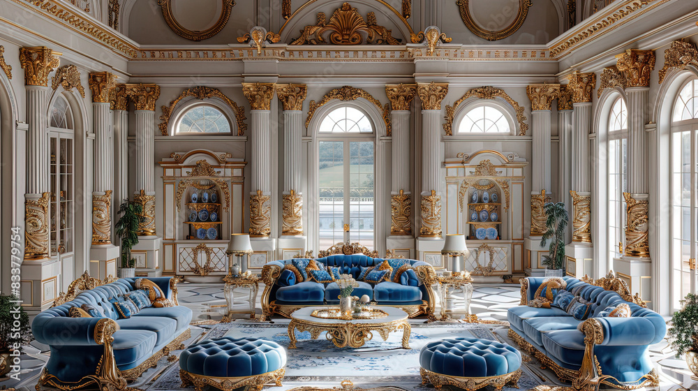 Classic Rococo Style Drawing Room with Blue and Gold Color Scheme and ...