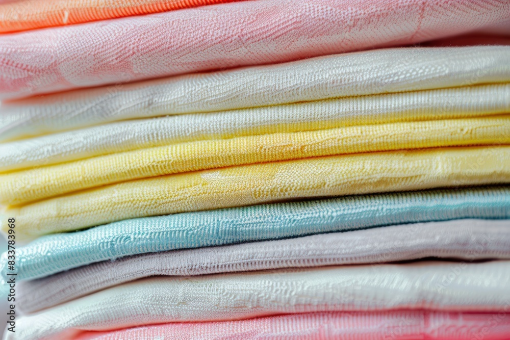 Assorted pastel colored textiles stacked neatly. Close-up of layered ...