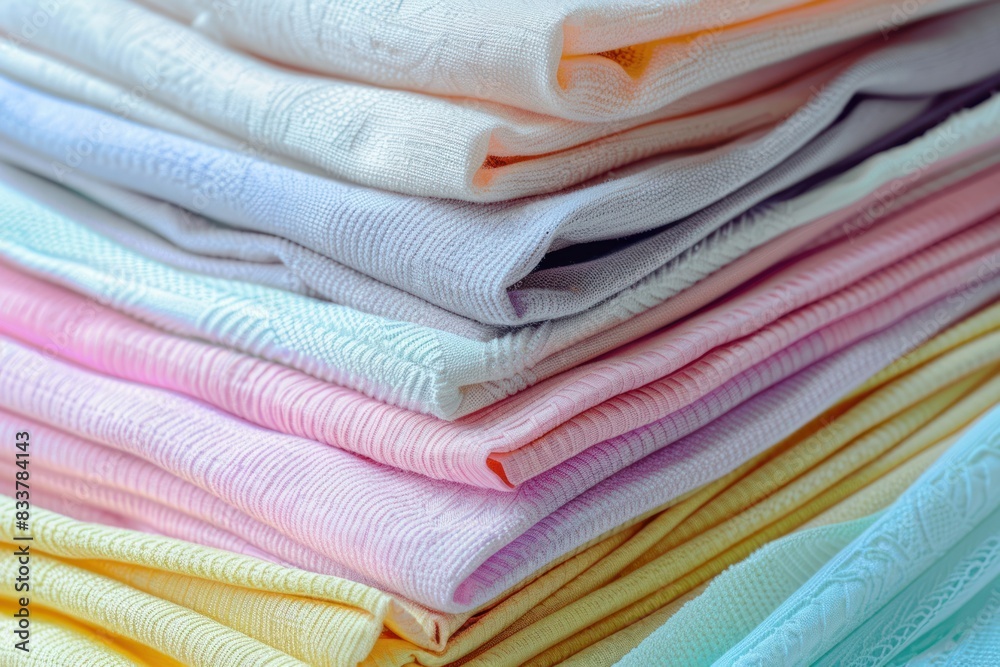 Assorted pastel colored textiles stacked neatly. Close-up of layered ...