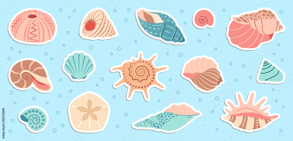 Cute sea shells sticker set. Trendy flat style seashell collection ...