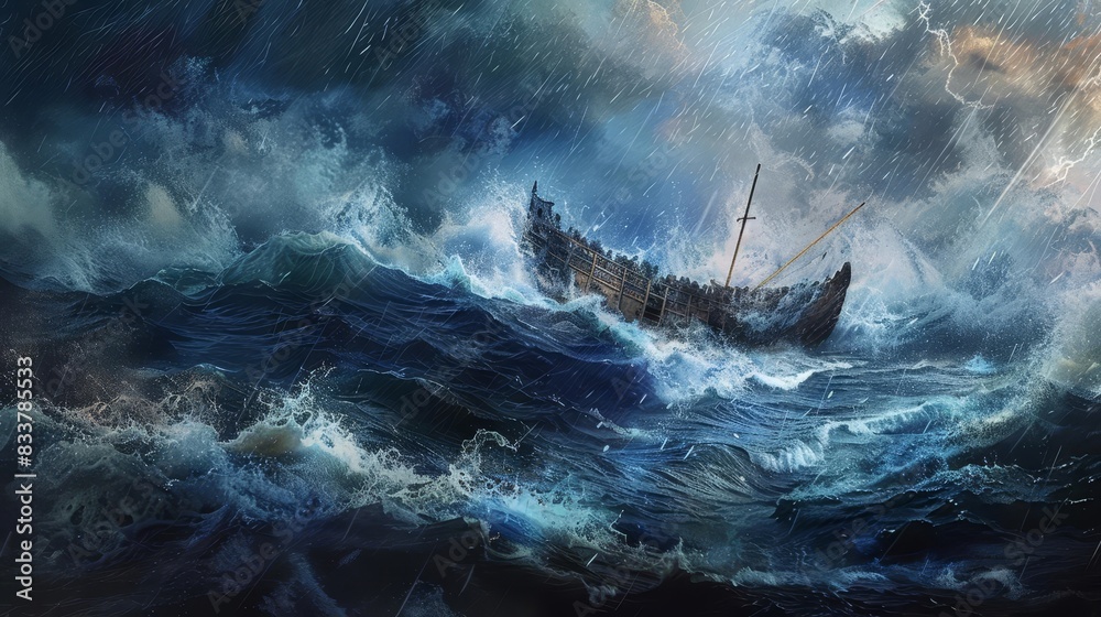 biblical depiction of noahs ark amidst stormy seas digital painting Stock Illustration | Adobe Stock