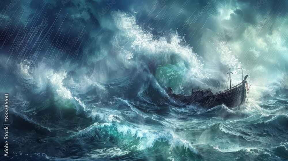 biblical depiction of noahs ark amidst stormy seas digital painting Stock Illustration | Adobe Stock