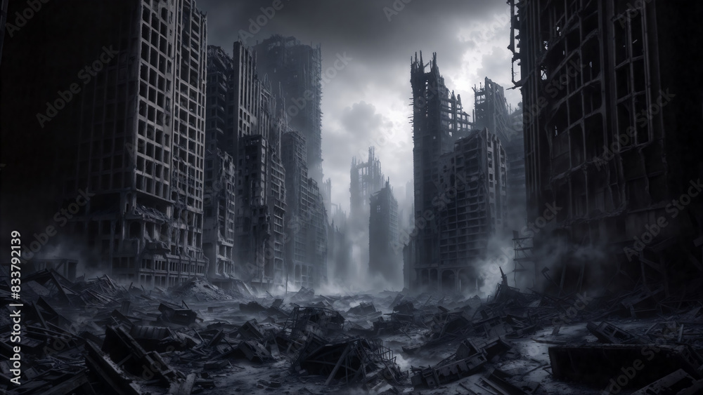 Ruins of modern city after nuclear blast, depicting blackened scorched ...