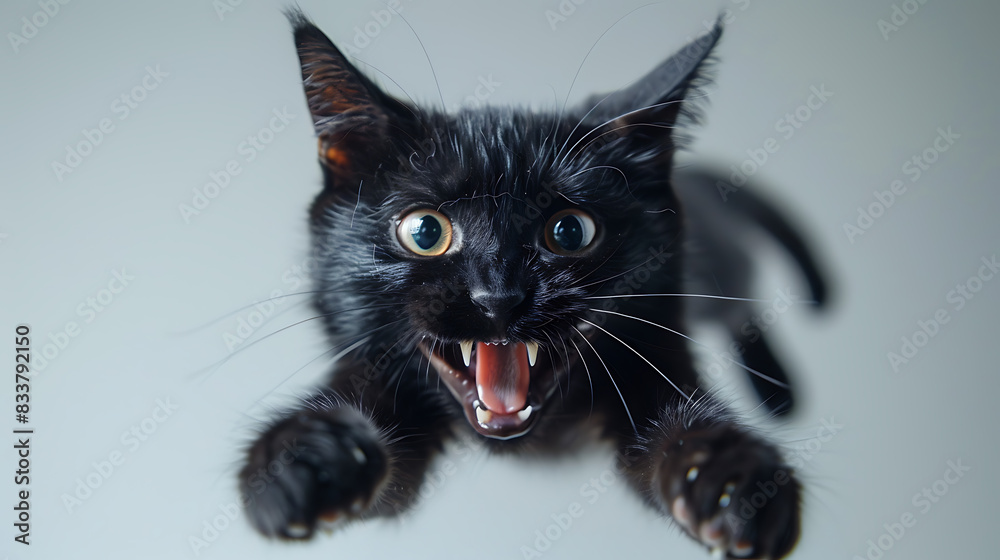 Angry evil predatory black cat jumping, opening its mouth and showing ...