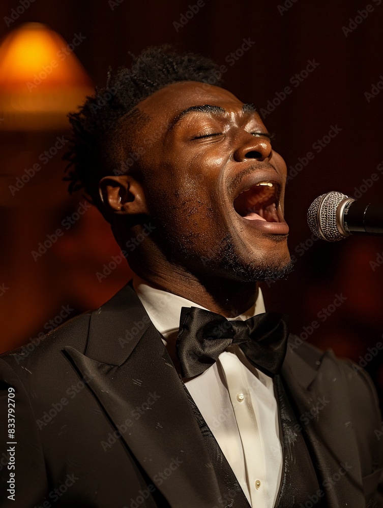 Afro opera singer, formal attire, on stage, powerful voice echoing ...