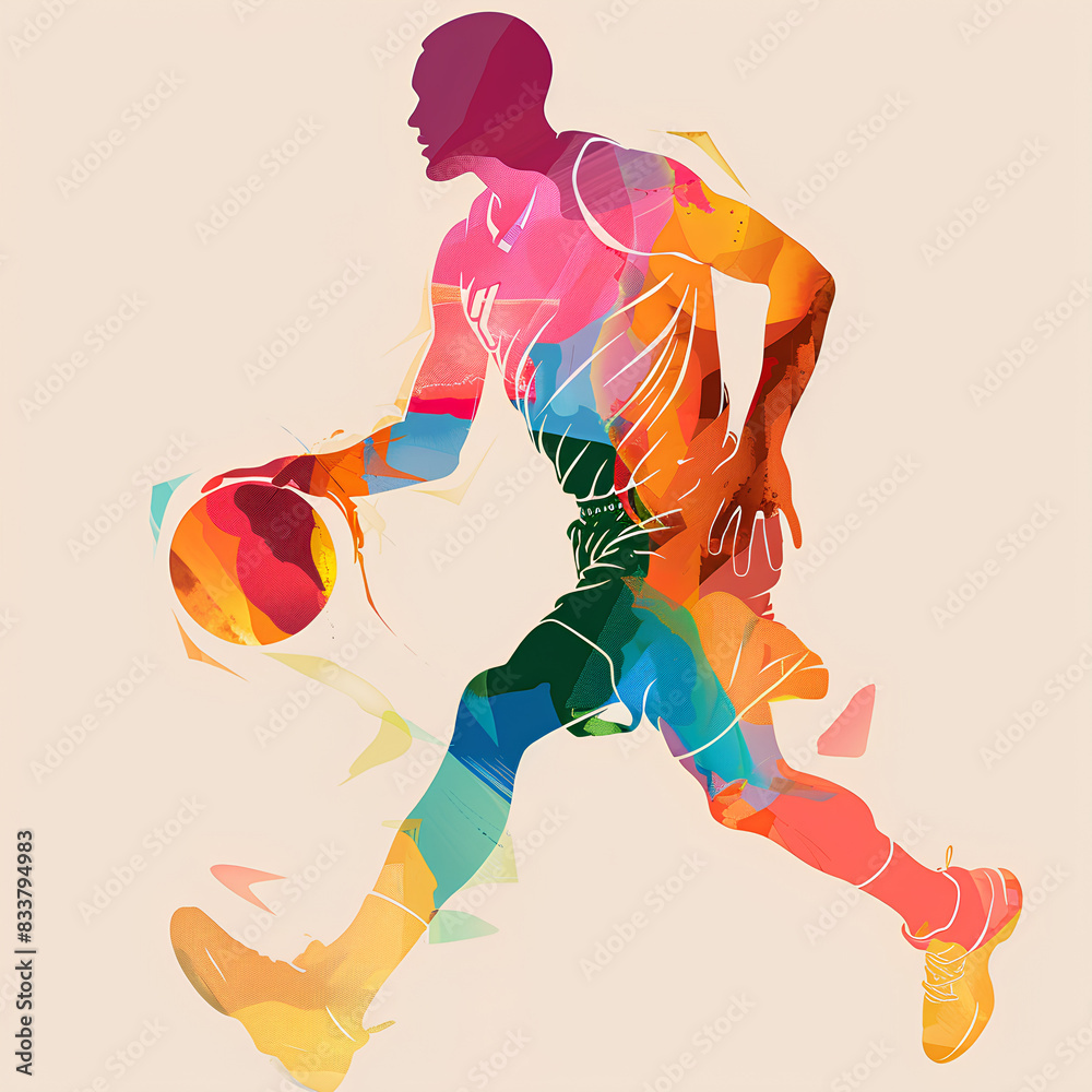 Colorful Basketball Player Silhouette Dribbling Ball, Abstract Overlay ...