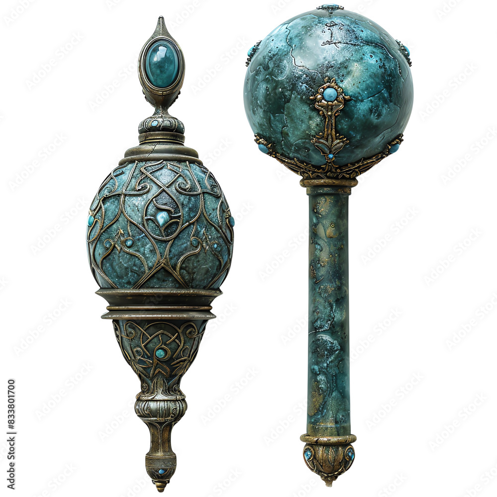 The AI-generated photo shows a pair of ornate maces. The maces have a ...