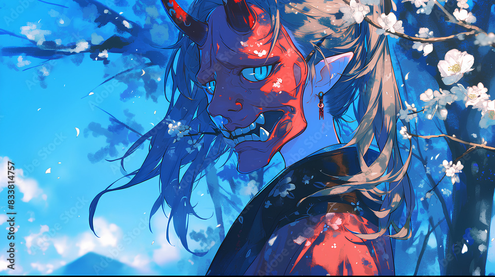 anime wearing smiling japanese oni mask cinematic background Stock ...