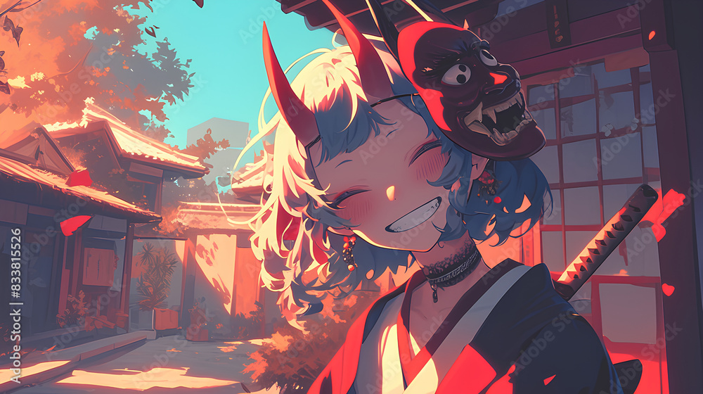 anime wearing smiling japanese oni mask cinematic background Stock ...
