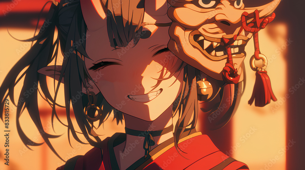 anime wearing smiling japanese oni mask cinematic background Stock ...