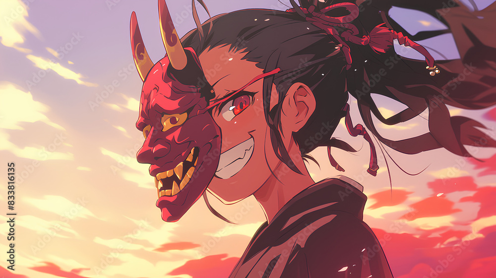 anime wearing smiling japanese oni mask cinematic background Stock ...