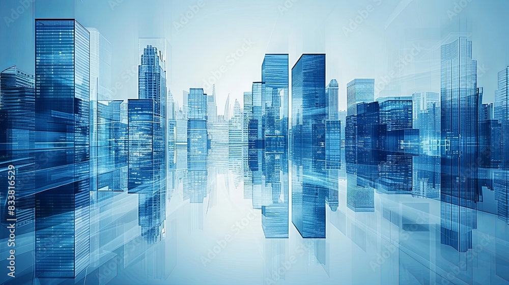 Abstract Cityscape with Glass Buildings and Skyscrapers in Blue Tones ...