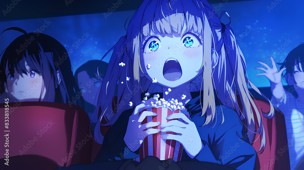 Surprised anime girl watching a movie while carrying popcorn Stock ...