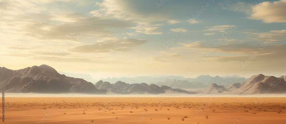 A scenic bare mountain range and sandy valley desert in the Middle East ...