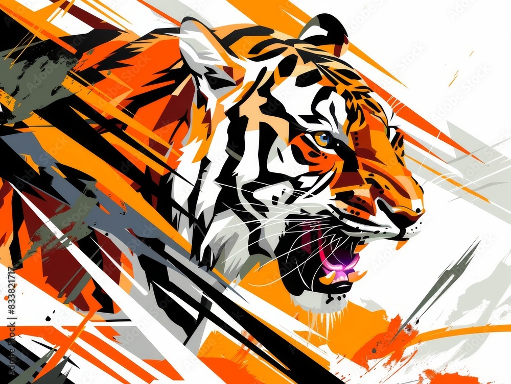 Produce a dynamic, graphic illustration of a roaring tiger in a ...