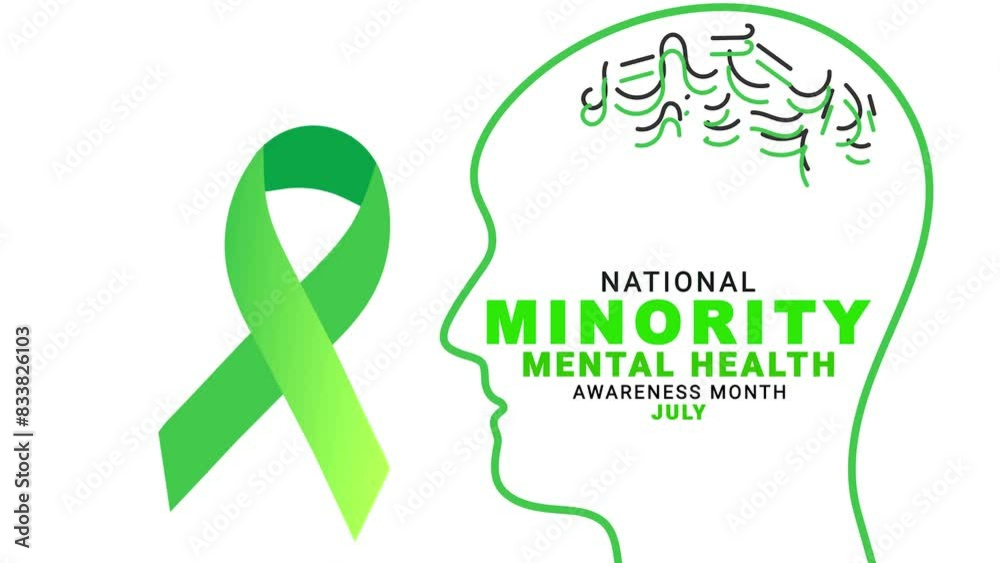 National Minority mental health awareness month. Green color ribbon ...