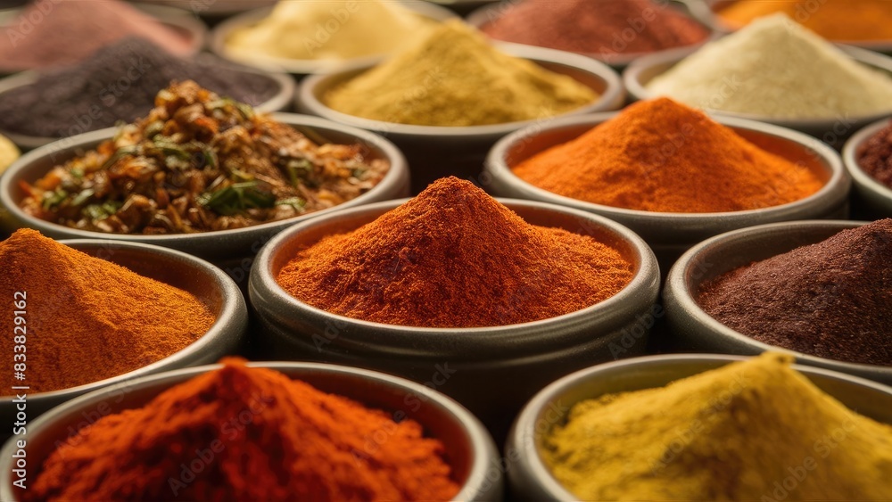Vast array of different spices, photojournalism, aerial top view ...