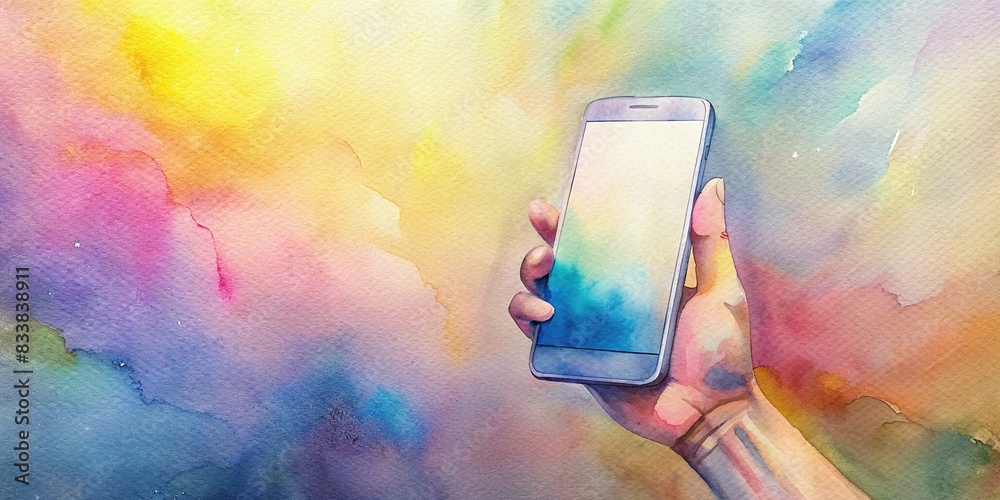 Realistic hand holding a cell phone with bright screen saver, soft ...