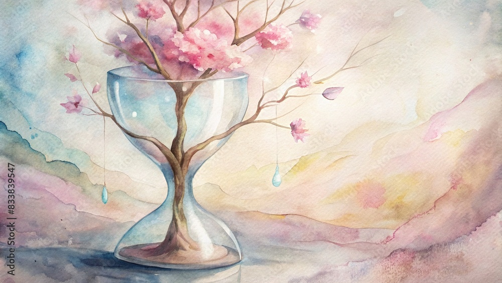 Vertical watercolor of a flowering tree growth inside an hourglass ...