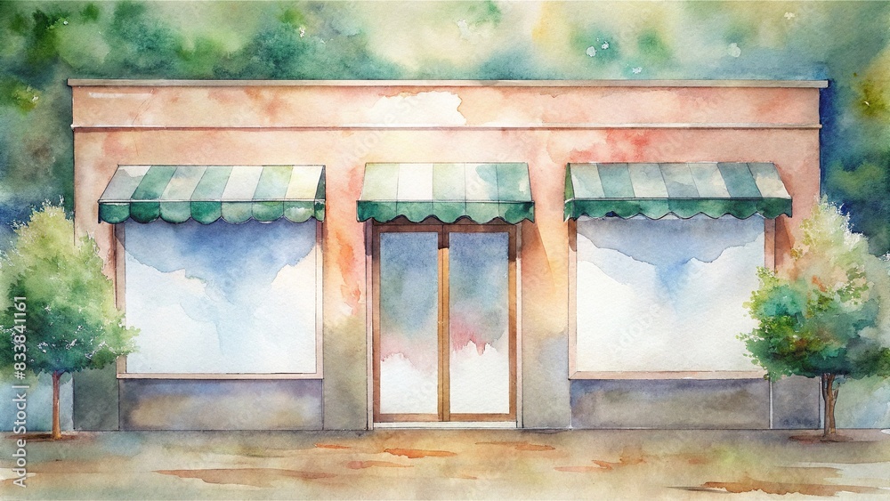 Outdoor watercolor mockup of a generic store facade with windows ...