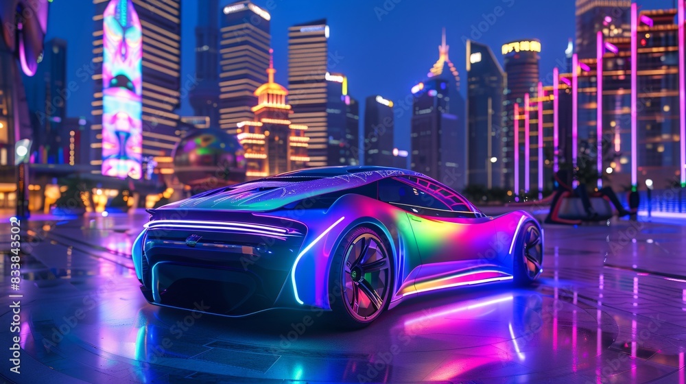 20. An upscale electric car with rainbow LED lights, parked in a ...