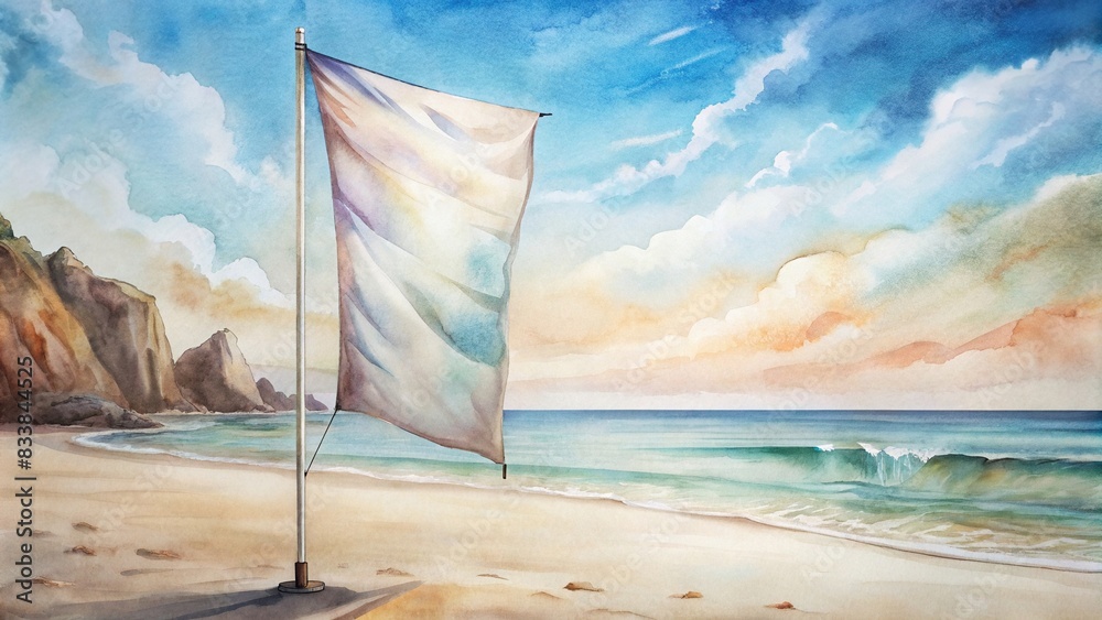 Realistic beach flags mockup on white banner stands in outdoor seaside ...