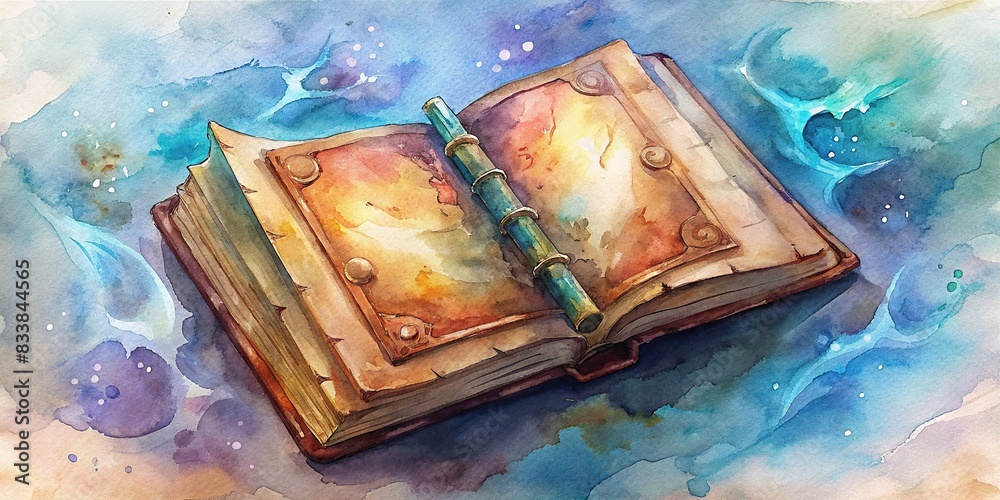 Game book with open ancient parchment pages on watercolor background ...
