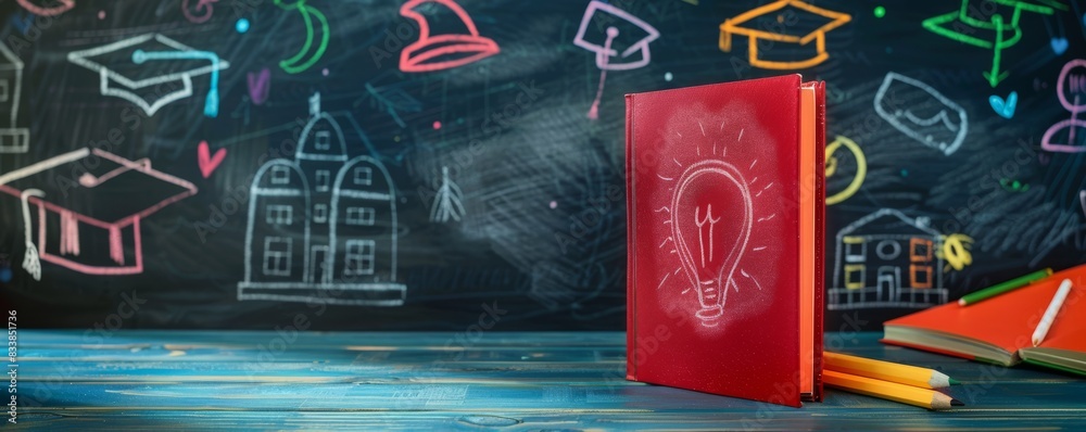 Colorful educational background with red book, pencils, and chalkboard ...