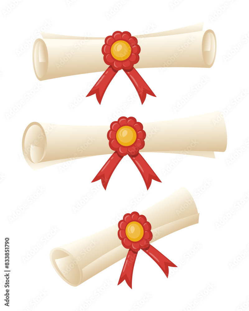 Rolled up graduation diploma scroll with red ribbon and seal, in ...