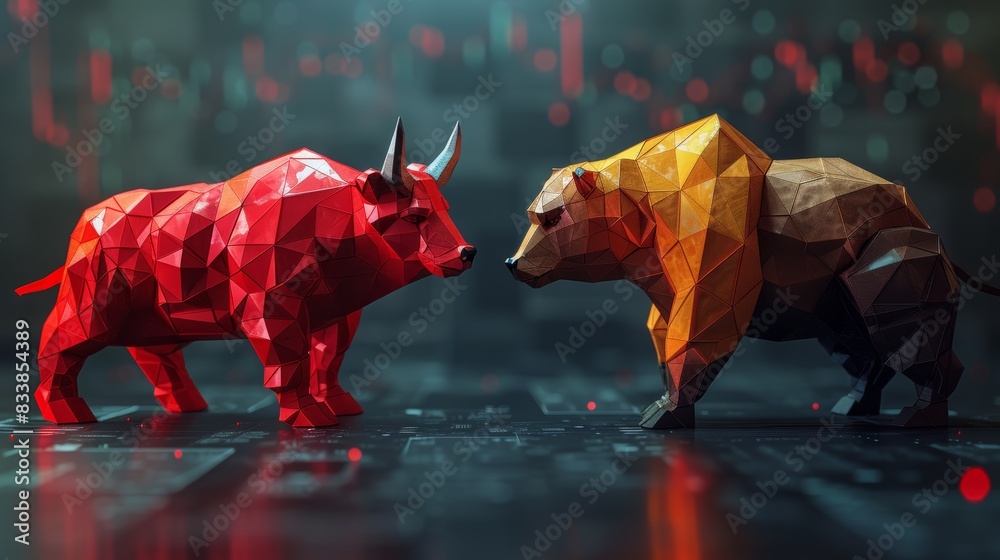 A stylized 3D illustration of a bull and bear, symbolizing the bullish ...