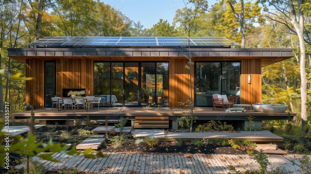 Modern sustainable prefab home exterior with modular design, wooden ...