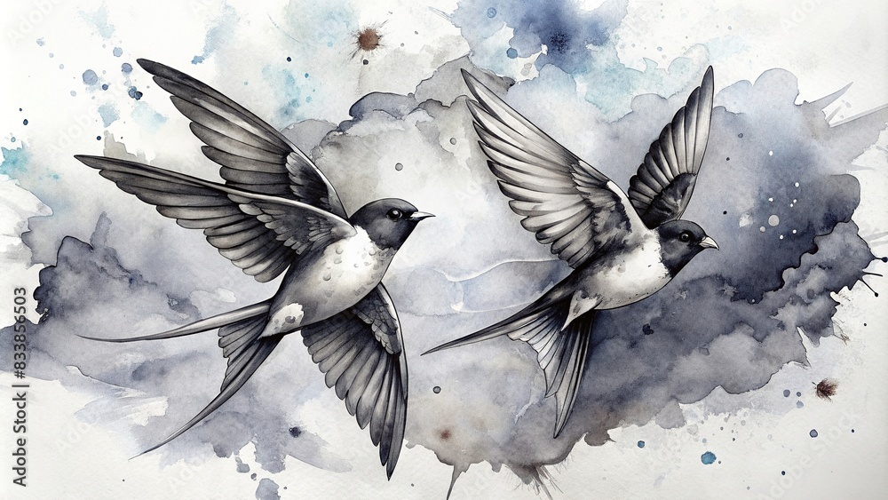 Old school tattoo design of flying sparrows in black and white ...