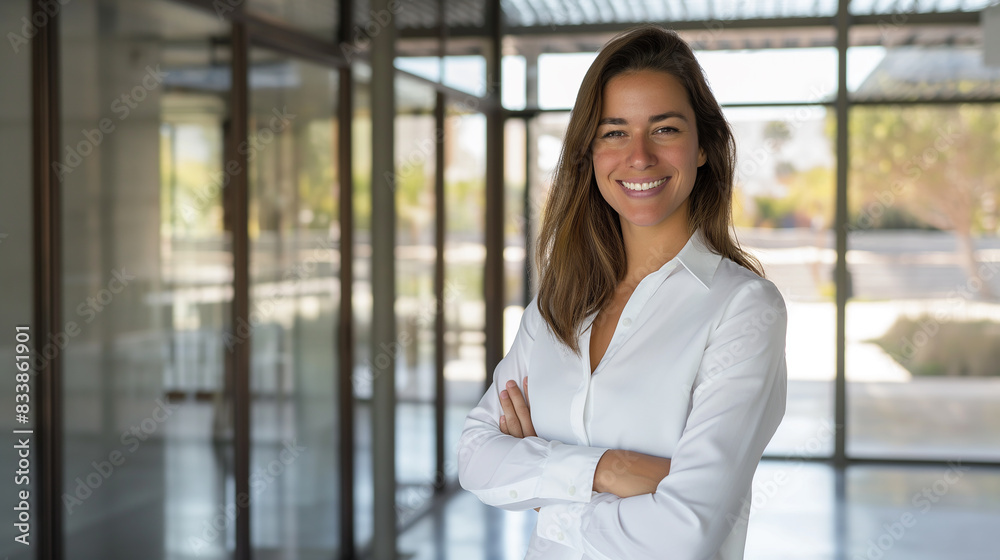 Portrait of a beautiful woman real estate agent in a white shirt ...