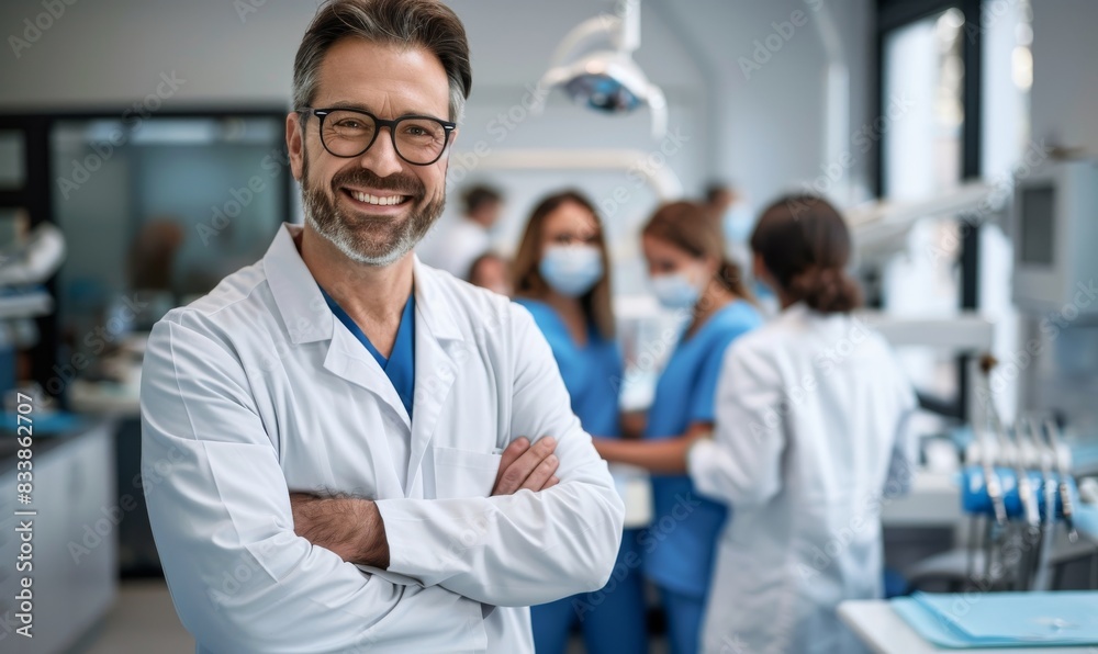 Confident male doctor leading a team of healthcare professionals in a ...