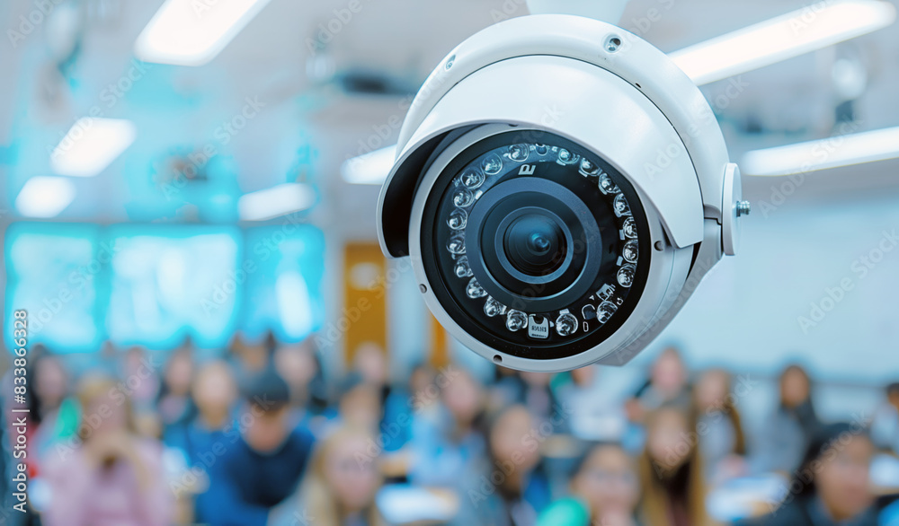 Surveillance camera in a classroom monitoring students, illustrating ...