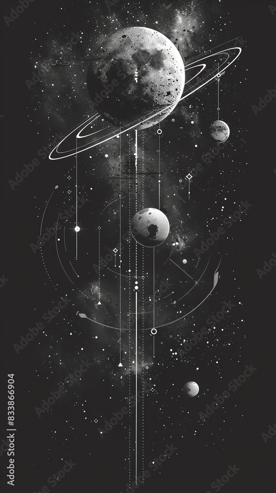 Simple geometric shapes in white, forming a planet and orbit pattern on ...