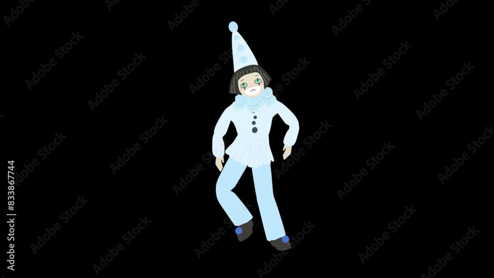 Clown puppet dancing on black background. Isolated Pierrot character ...