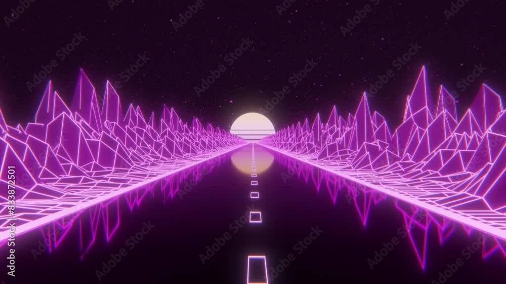 Retro background loop animation with highway and sunset. Retrowave ...