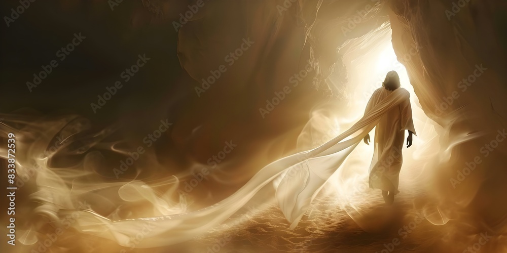 Jesus emerging from a cave in white clothes symbolizing his ...